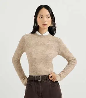 Brunello Cucinelli Silk, Alpaca, And Wool Lace Detail Sweater - Brown
