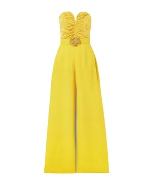 Andrew Gn Strapless Embellished Ruched Plissé-satin And Crepe Jumpsuit - No