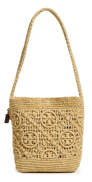 Tory Burch Lock T Monogram Crochet Bucket Bag - Natural