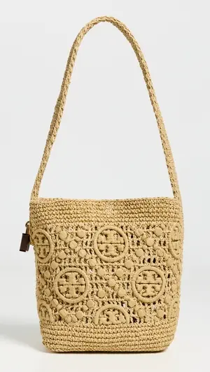Tory Burch Lock T Monogram Crochet Bucket Bag - Natural