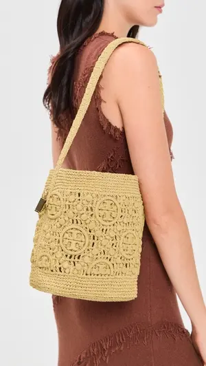 Tory Burch Lock T Monogram Crochet Bucket Bag - Natural
