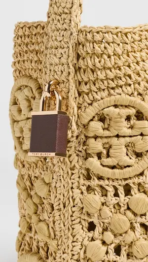 Tory Burch Lock T Monogram Crochet Bucket Bag - Natural