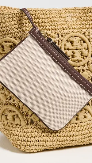 Tory Burch Lock T Monogram Crochet Bucket Bag - Natural