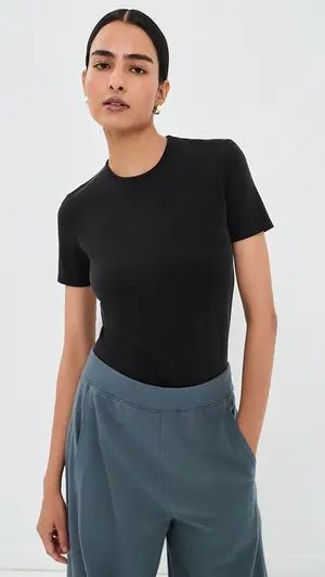 Tibi Feather Weight Viscose Neoprene Short Sleeve Tee - Black