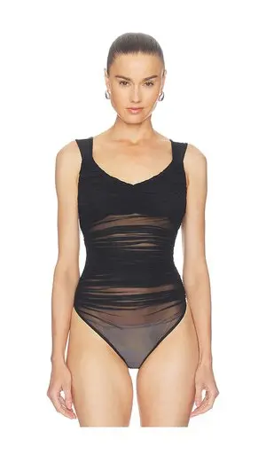Alice + Olivia Renee Sheer Soft V Neck Ruched Tank Bodysuit