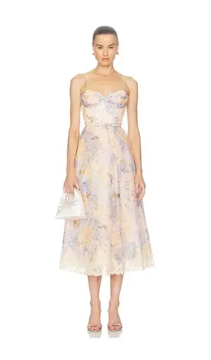 Zimmermann Valiant Tucked Midi Dress In Peach - Blue Hydrangea