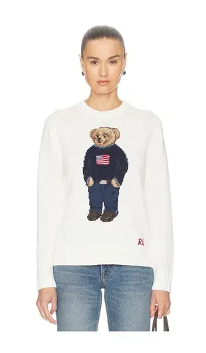 Polo Ralph Lauren Linen Bear Sweater Long Sleeve Pullover In White - Deckwash White Multi