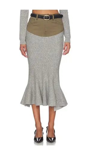 SELF-PORTRAIT Knit Khaki Denim Insert Midi Skirt
