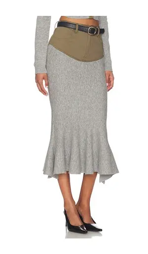 SELF-PORTRAIT Knit Khaki Denim Insert Midi Skirt