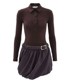 Attico Collared Combo Mini Dress - Dark Brown