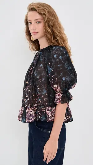 Ulla Johnson Elise Short Sleeve Silk Blouse - Eclipse