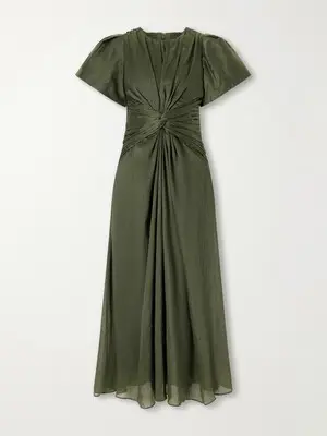 Aje Movement Gathered Lyocell And Linen-blend Midi Dress - Green