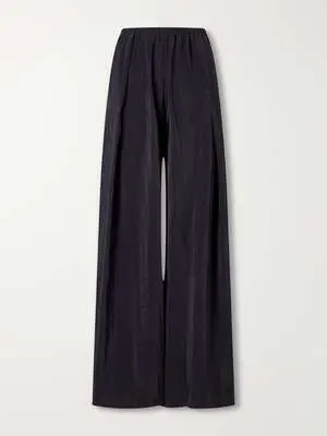 LA LIGNE Pleated Crinkle Satin Wide-leg Pants - Black