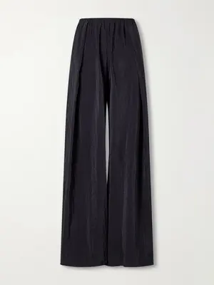 LA LIGNE Pleated Crinkle Satin Wide-leg Pants - Black