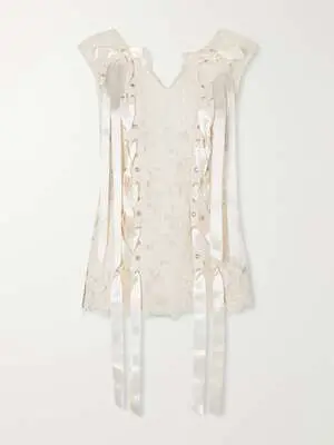 Simone Rocha Unraveling Ribbon Portrait Bow-detailed Lace Top - Ecru