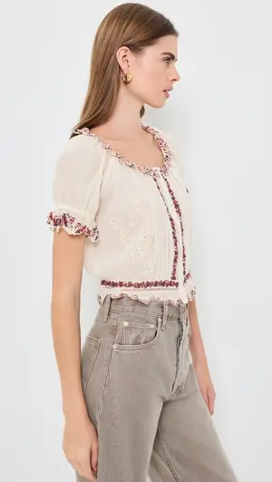 Alice + Olivia Embr Puff Sleeve Cropped Blouse - Orchard Glow