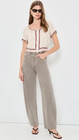 Alice + Olivia Embr Puff Sleeve Cropped Blouse - Orchard Glow