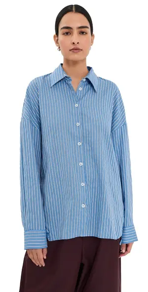 Tibi Edmund Lyocell Stripe Oversized Shirt - Blue Multi