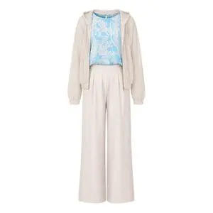 OH!ZUZA NIGHT&DAY Neutrals Print Top, Wide-leg Trousers & Mesh Hoodie Set - Blue