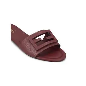 Fendi Burgundy Tumbled Leather Slides With Baguette Buckle - Red