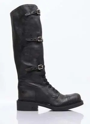Miu Miu Knee High Distressed Leather Buckled Boots - Black
