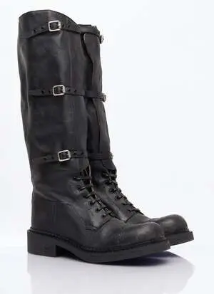 Miu Miu Knee High Distressed Leather Buckled Boots