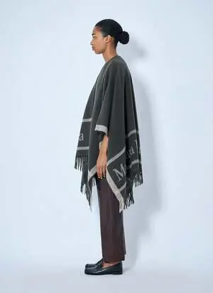 Max Mara Fringed Wrap With Logo Detail - Gray