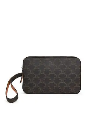 Celine Pouch With Shoulder Strap In Triomphe Canvas And Calfskin - Tan