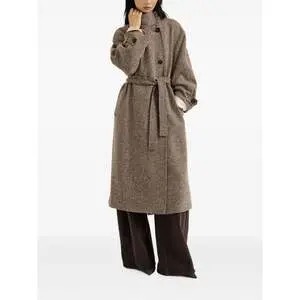 Brunello Cucinelli Single Breasted Coat With Monili Embroidery - Brown