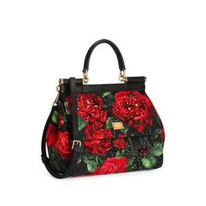 Dolce & Gabbana Rose Print Crystal Embellished Tote Bag