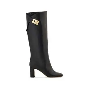 FERRAGAMO Leather Knee High Boots With Gold Tone Hug Buckle - Black