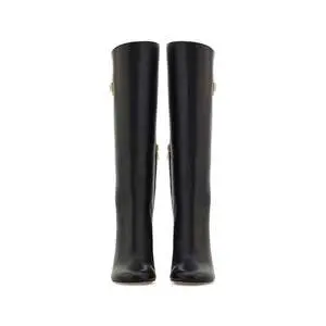 FERRAGAMO Leather Knee High Boots With Gold Tone Hug Buckle - Black