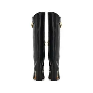 FERRAGAMO Leather Knee High Boots With Gold Tone Hug Buckle - Black