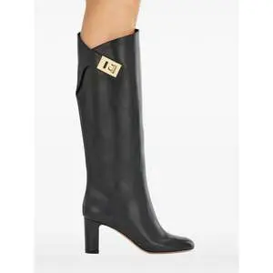 FERRAGAMO Leather Knee High Boots With Gold Tone Hug Buckle - Black