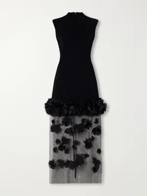 Aje Fleura Floral-trimmed Knit Midi Dress - Black