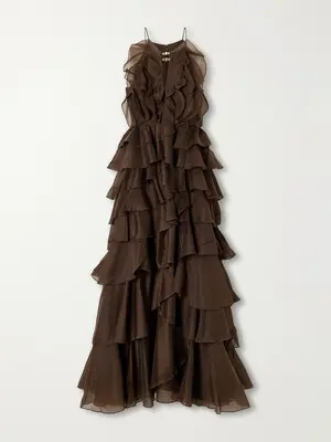 Aje AJE Cleo Ruffled Organza Gown Brown