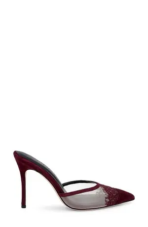 L'Agence Semois Pointed Toe Stiletto Mule With Lace And Mesh - Burgundy