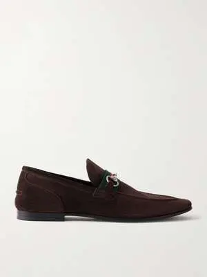 Gucci Horsebit-embellished Web-trimmed Suede Loafers - Brown