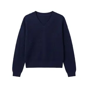 BRODIE CASHMERE Rippled Stitch V Neck Navy - Blue