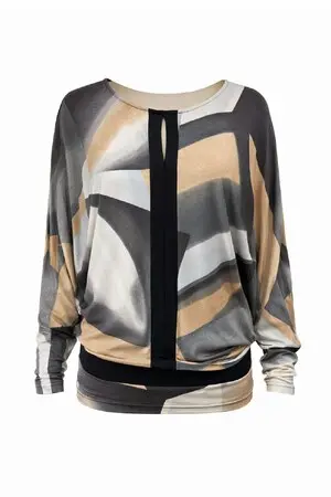 CONQUISTA Abstract Print Long-sleeve Top With Contrast Panel Detail - Grey