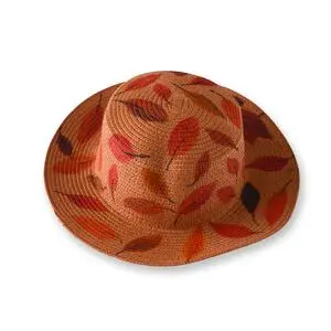 HEARTFELT LAYERS Hand-painted Foliage Straw Sun Hat - Orange