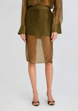 SEROYA Elda Silk Midi Skirt - Olivewood
