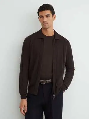REISS Martindale Wool Check-textured Zip-through Cardigan - Dark Brown