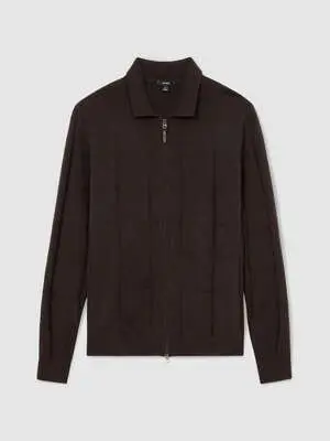REISS Martindale Wool Check-textured Zip-through Cardigan