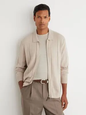REISS Martindale Wool Textured Zip-through Cardigan - Oatmeal