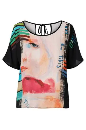 CONQUISTA Artistic Print Chiffon Top - Black
