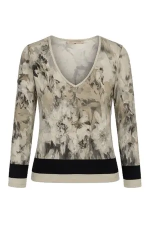 CONQUISTA Abstract Print Long-sleeve V-neck Top