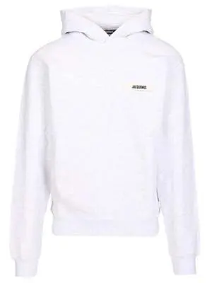 Jacquemus Logo Plaque Gros Grain Hoodie In White Cotton With Relaxed Fit - Grey