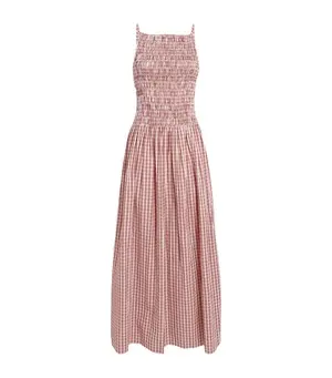 Faithfull The Brand Shirred Checkered Midi Dress - Red