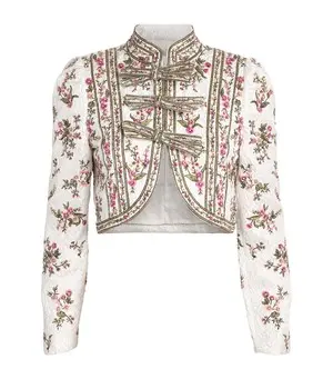 Alice + Olivia Embellished Floral Brocade Cropped Jacket